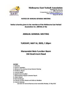 Annual General Meeting Notice 2023 – Melbourne East Netball Association